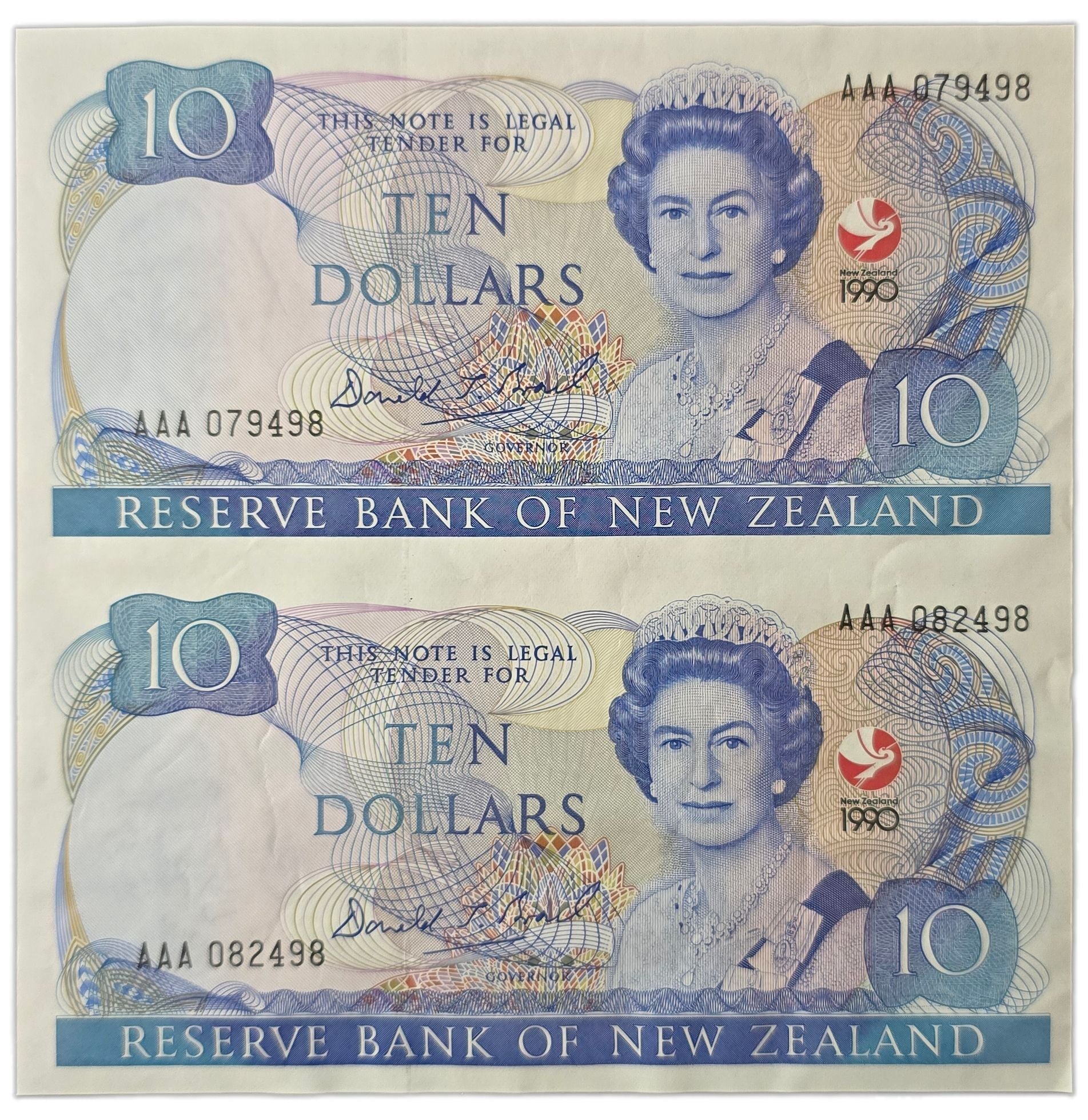 1990 Ten Dollar Notes Uncut Pair, 150 Years Waitangi Commemorative [ra ...